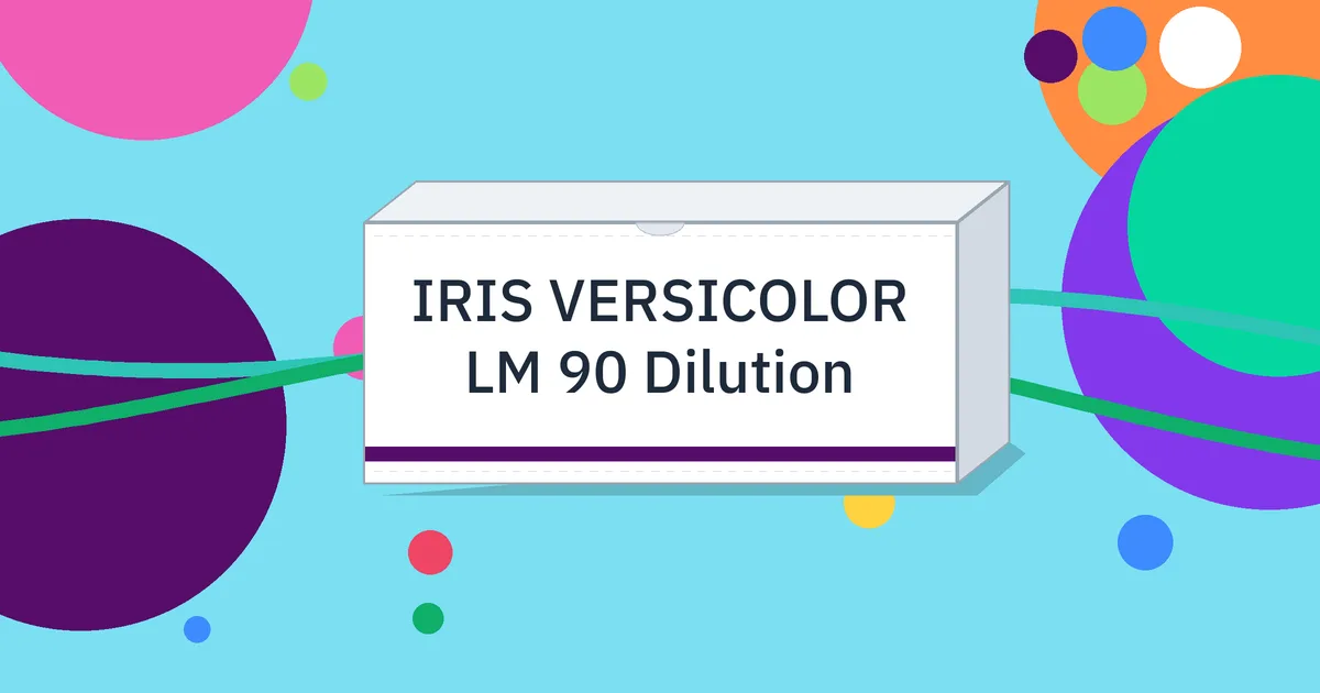 Symbolbild: Packung mit der Aufschrift IRIS VERSICOLOR LM 90 Dilution (PZN 12915058) – Verfügbarkeit und Bezug in Apotheken in Frankfurt am Main