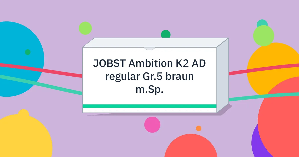 Symbolbild: Packung mit der Aufschrift JOBST Ambition K2 AD regular Gr.5 braun m.Sp. (PZN 11020945) – Verfügbarkeit und Bezug in Apotheken in Frankfurt am Main