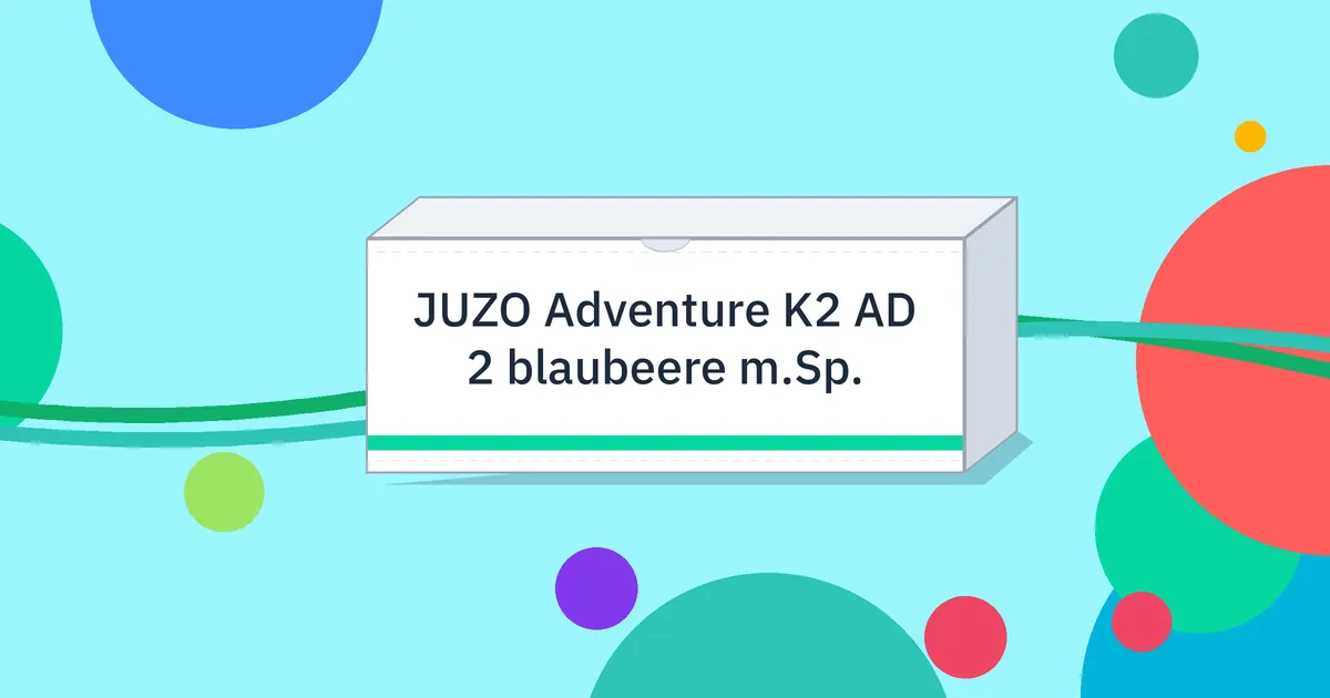 Symbolbild: Packung mit der Aufschrift JUZO Adventure K2 AD 2 blaubeere m.Sp. (PZN 16344776) – Verfügbarkeit und Bezug in Apotheken in Frankfurt am Main