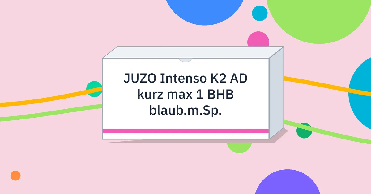 Symbolbild: Packung mit der Aufschrift JUZO Intenso K2 AD kurz max 1 BHB blaub.m.Sp. (PZN 18615736) – Verfügbarkeit und Bezug in Apotheken in Frankfurt am Main