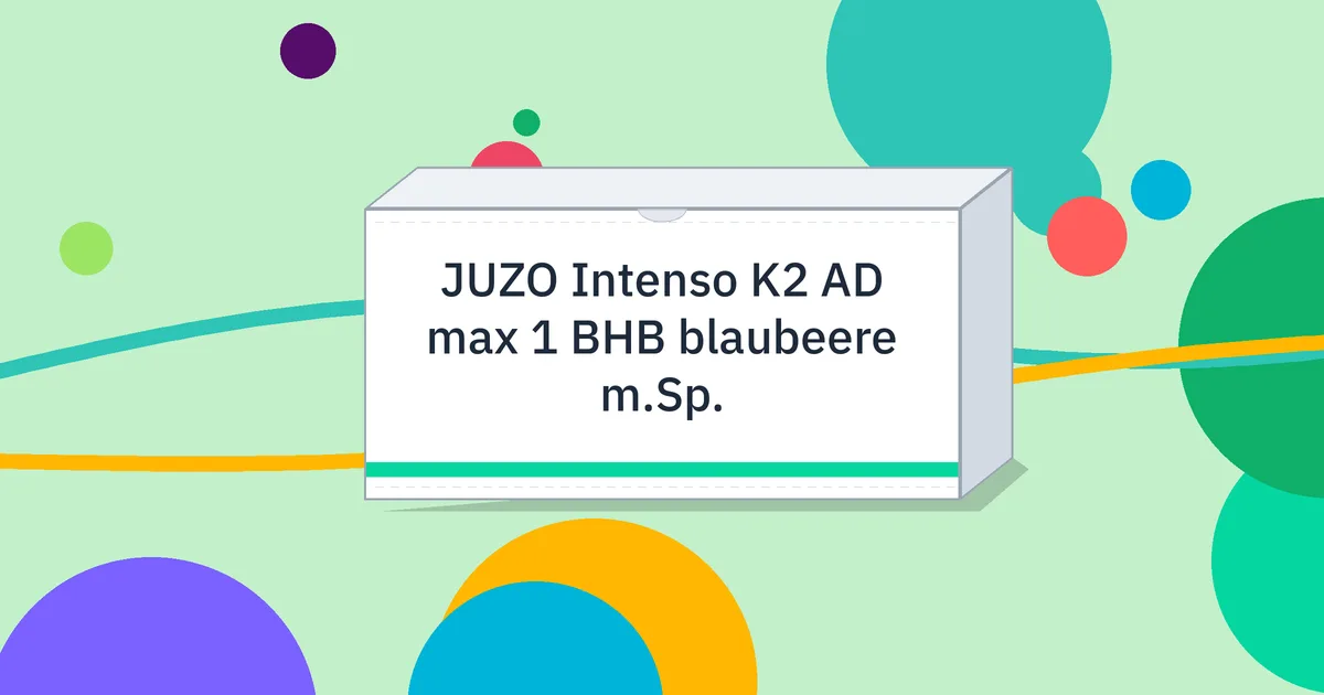 Symbolbild: Packung mit der Aufschrift JUZO Intenso K2 AD max 1 BHB blaubeere m.Sp. (PZN 18616345) – Verfügbarkeit und Bezug in Apotheken in Frankfurt am Main