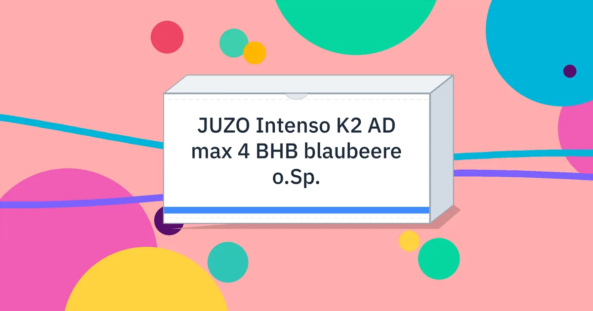 Symbolbild: Packung mit der Aufschrift JUZO Intenso K2 AD max 4 BHB blaubeere o.Sp. (PZN 18626881) – Verfügbarkeit und Bezug in Apotheken in Frankfurt am Main