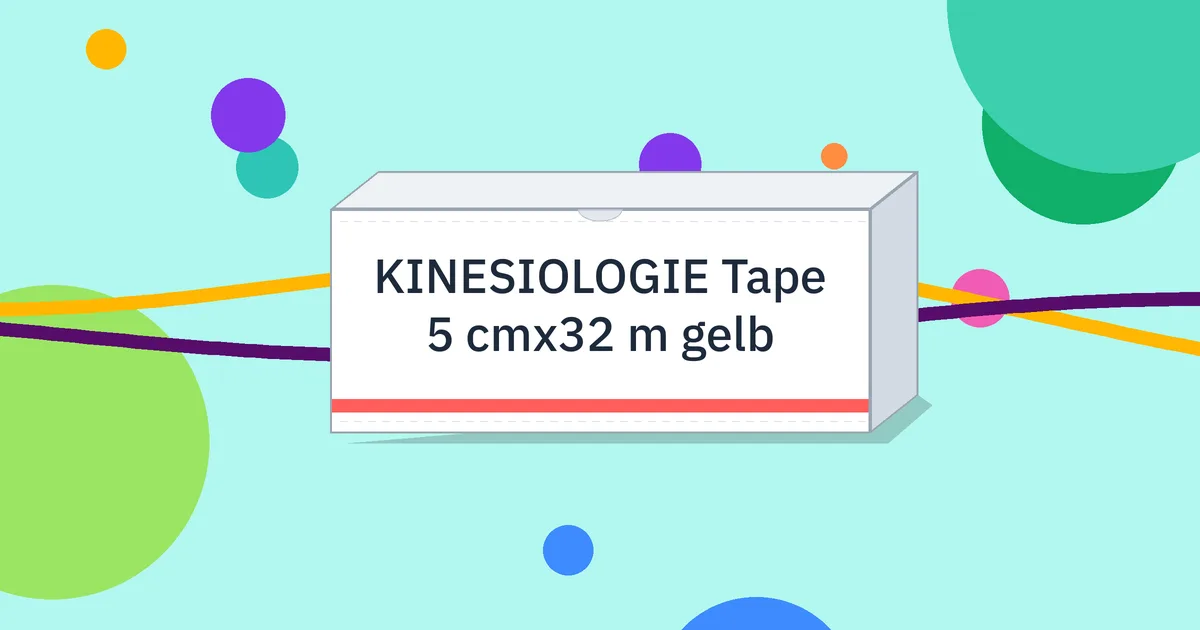 Symbolbild: Packung mit der Aufschrift KINESIOLOGIE Tape 5 cmx32 m gelb (PZN 10252458) – Verfügbarkeit und Bezug in Apotheken in Frankfurt am Main