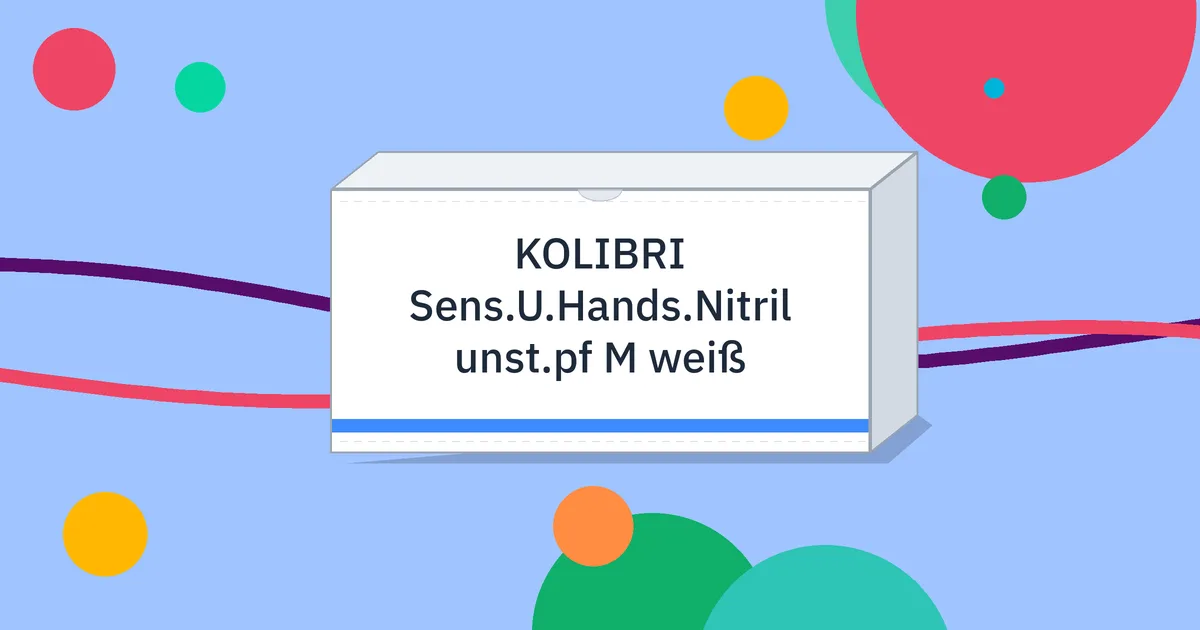 Symbolbild: Packung mit der Aufschrift KOLIBRI Sens.U.Hands.Nitril unst.pf M weiß (PZN 15199125) – Verfügbarkeit und Bezug in Apotheken in Frankfurt am Main