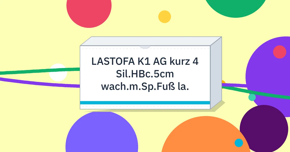Symbolbild: Packung mit der Aufschrift LASTOFA K1 AG kurz 4 Sil.HBc.5cm wach.m.Sp.Fuß la. (PZN 13792273) – Verfügbarkeit und Bezug in Apotheken in Frankfurt am Main