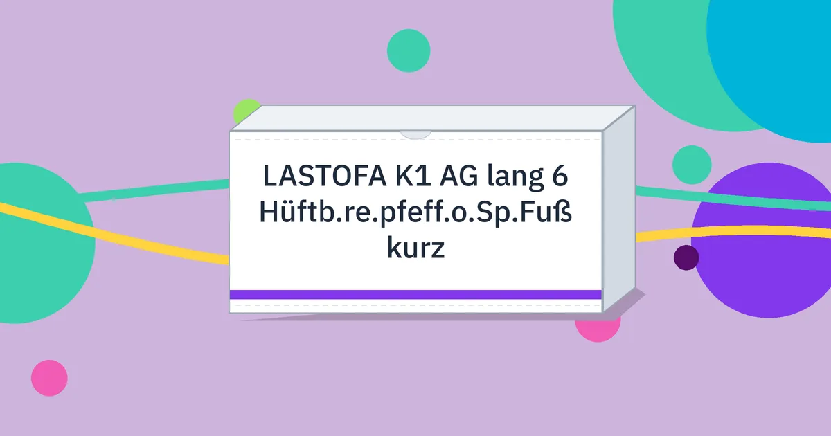 Symbolbild: Packung mit der Aufschrift LASTOFA K1 AG lang 6 Hüftb.re.pfeff.o.Sp.Fuß kurz (PZN 13799312) – Verfügbarkeit und Bezug in Apotheken in Frankfurt am Main