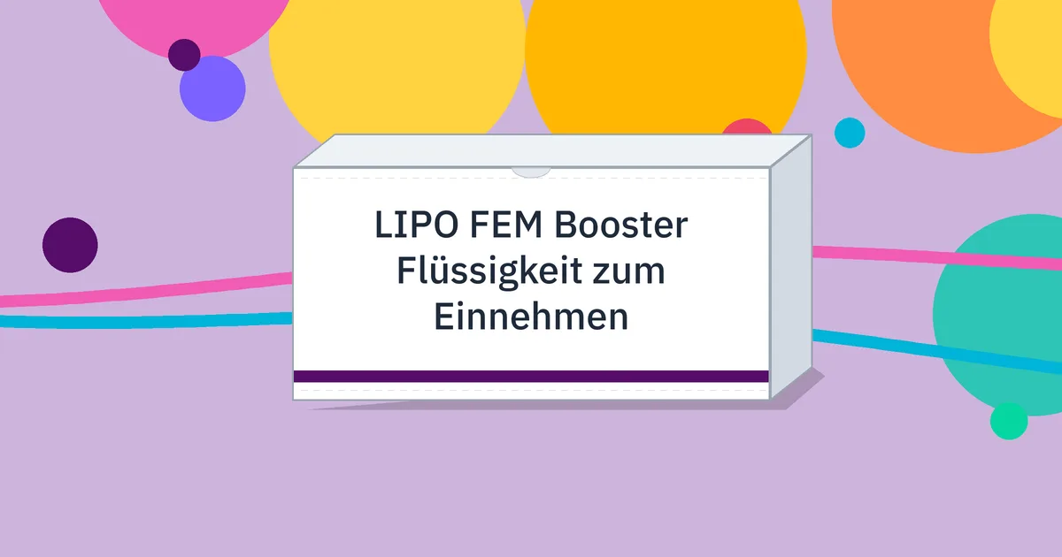 Symbolbild: Packung mit der Aufschrift LIPO FEM Booster Flüssigkeit zum Einnehmen (PZN 19705097) – Verfügbarkeit und Bezug in Apotheken in Frankfurt am Main