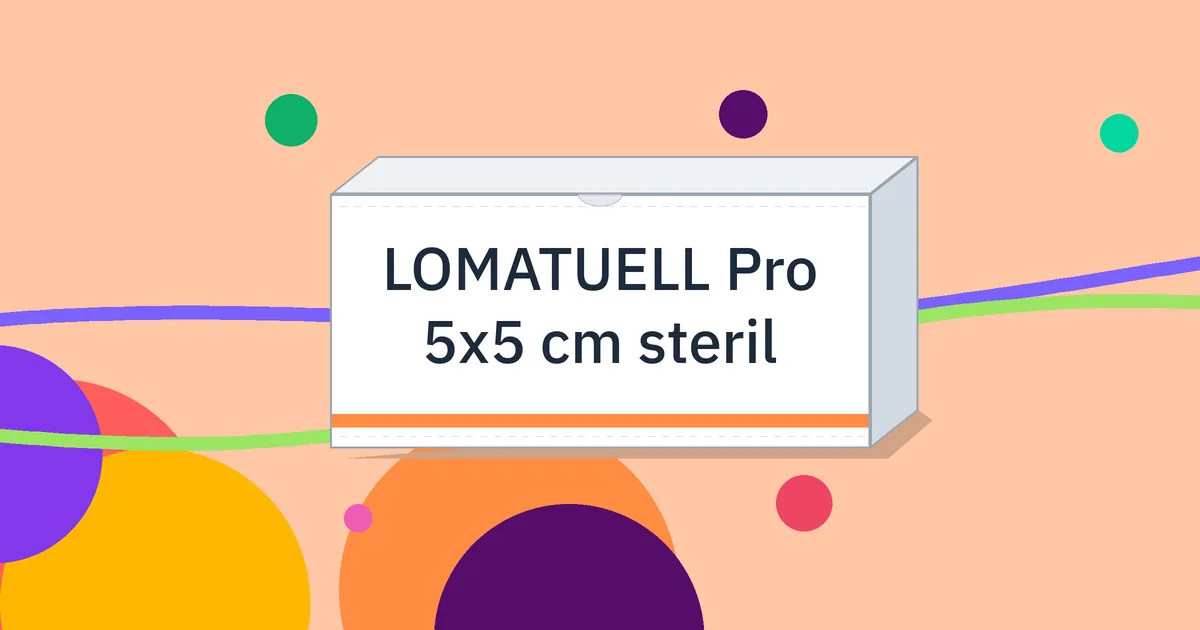 Symbolbild: Packung mit der Aufschrift LOMATUELL Pro 5x5 cm steril (PZN 15615339) – Verfügbarkeit und Bezug in Apotheken in Frankfurt am Main