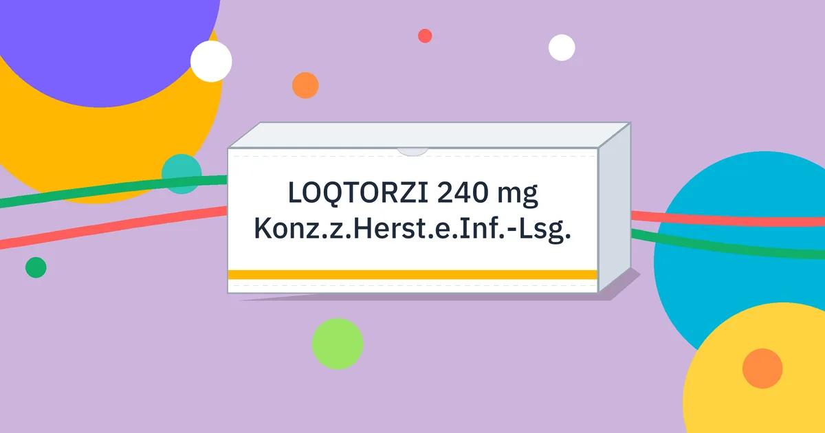 Symbolbild: Packung mit der Aufschrift LOQTORZI 240 mg Konz.z.Herst.e.Inf.-Lsg. (PZN 19971580) – Verfügbarkeit und Bezug in Apotheken in Frankfurt am Main