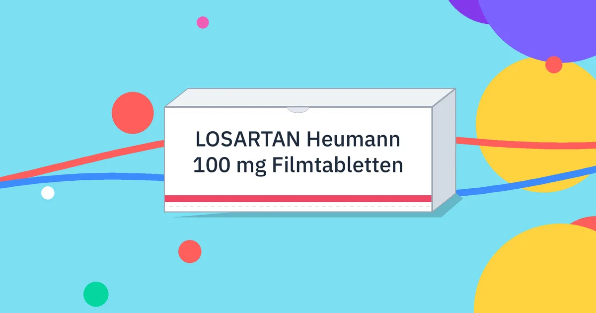 Symbolbild: Packung mit der Aufschrift LOSARTAN Heumann 100 mg Filmtabletten (PZN 05371681) – Verfügbarkeit und Bezug in Apotheken in Frankfurt am Main