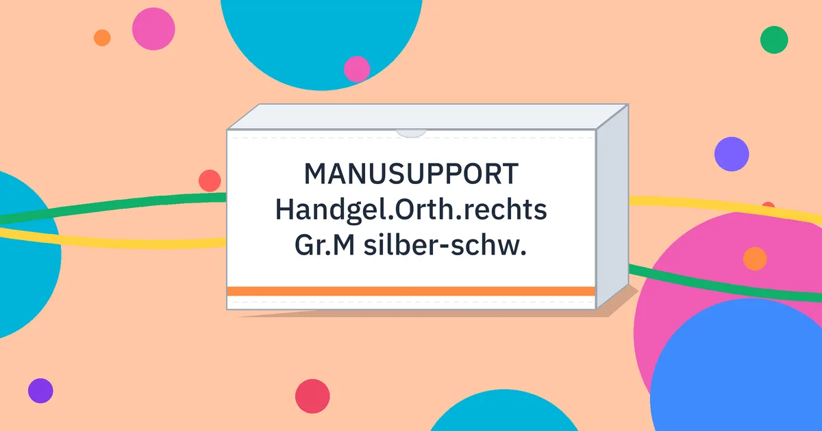 Symbolbild: Packung mit der Aufschrift MANUSUPPORT Handgel.Orth.rechts Gr.M silber-schw. (PZN 11096983) – Verfügbarkeit und Bezug in Apotheken in Frankfurt am Main