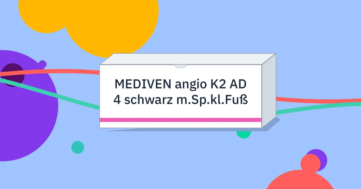 Symbolbild: Packung mit der Aufschrift MEDIVEN angio K2 AD 4 schwarz m.Sp.kl.Fuß (PZN 17210776) – Verfügbarkeit und Bezug in Apotheken in Frankfurt am Main