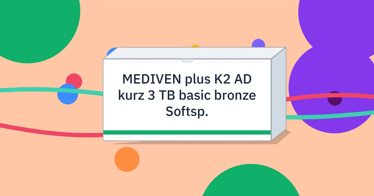 Symbolbild: Packung mit der Aufschrift MEDIVEN plus K2 AD kurz 3 TB basic bronze Softsp. (PZN 15098921) – Verfügbarkeit und Bezug in Apotheken in Frankfurt am Main