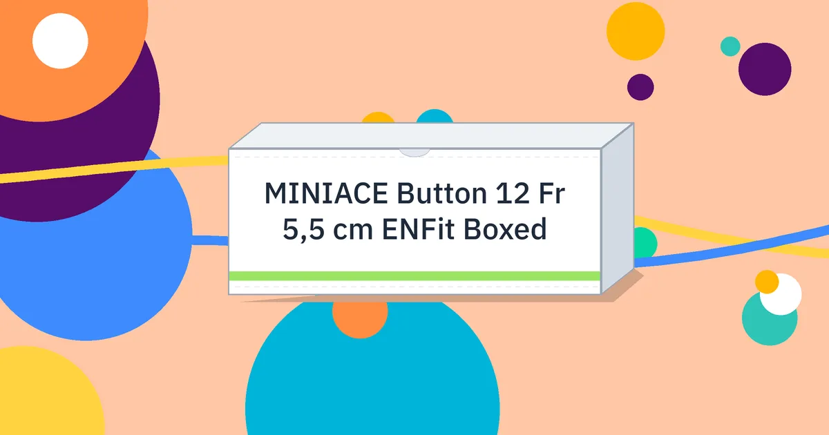Symbolbild: Packung mit der Aufschrift MINIACE Button 12 Fr 5,5 cm ENFit Boxed (PZN 16953707) – Verfügbarkeit und Bezug in Apotheken in Frankfurt am Main