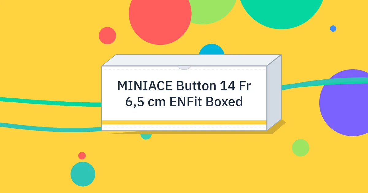 Symbolbild: Packung mit der Aufschrift MINIACE Button 14 Fr 6,5 cm ENFit Boxed (PZN 16954279) – Verfügbarkeit und Bezug in Apotheken in Frankfurt am Main