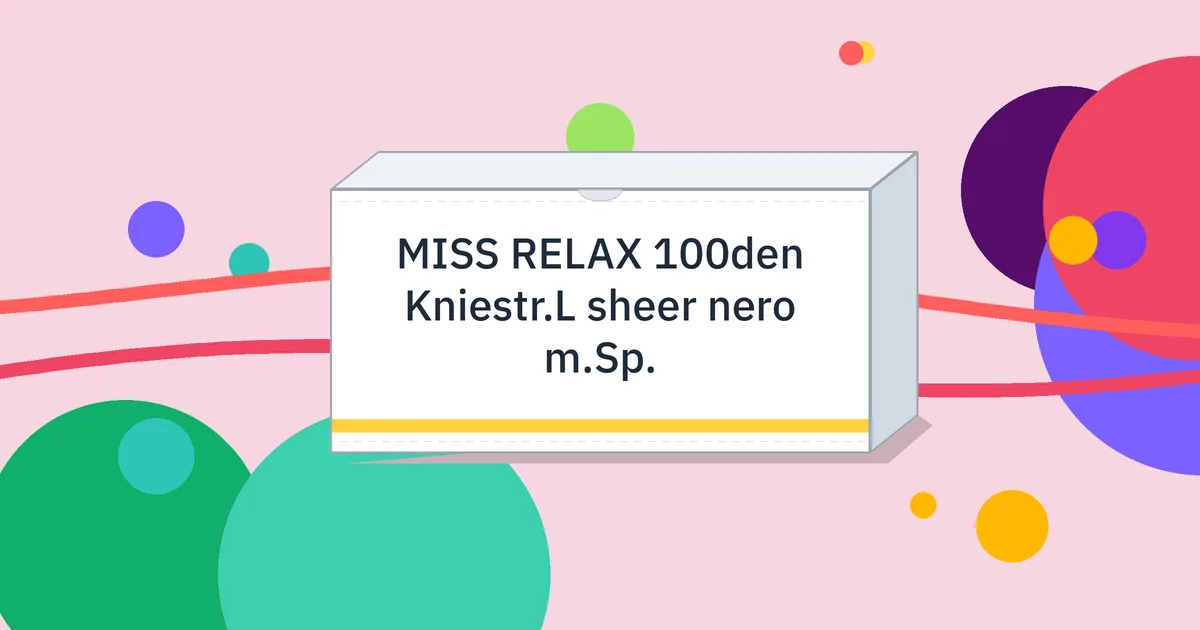 Symbolbild: Packung mit der Aufschrift MISS RELAX 100den Kniestr.L sheer nero m.Sp. (PZN 04270185) – Verfügbarkeit und Bezug in Apotheken in Frankfurt am Main