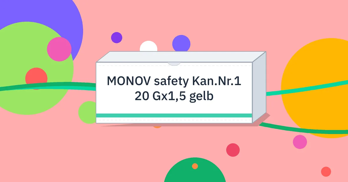 Symbolbild: Packung mit der Aufschrift MONOV safety Kan.Nr.1 20 Gx1,5 gelb (PZN 09690897) – Verfügbarkeit und Bezug in Apotheken in Frankfurt am Main