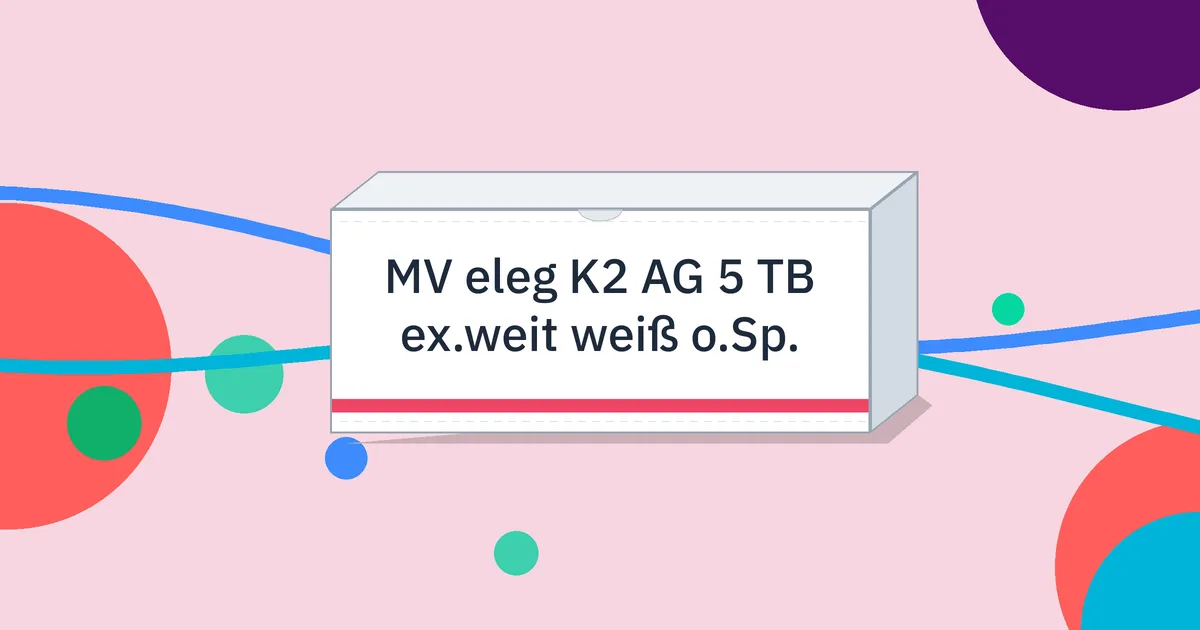 Symbolbild: Packung mit der Aufschrift MV eleg K2 AG 5 TB ex.weit weiß o.Sp. (PZN 09878313) – Verfügbarkeit und Bezug in Apotheken in Frankfurt am Main
