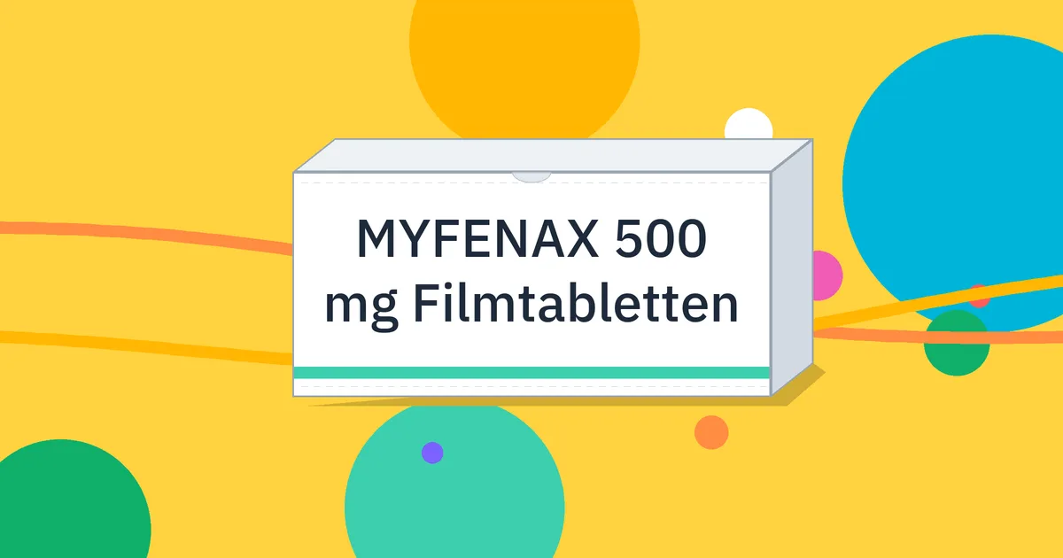 Symbolbild: Packung mit der Aufschrift MYFENAX 500 mg Filmtabletten (PZN 20176876) – Verfügbarkeit und Bezug in Apotheken in Frankfurt am Main