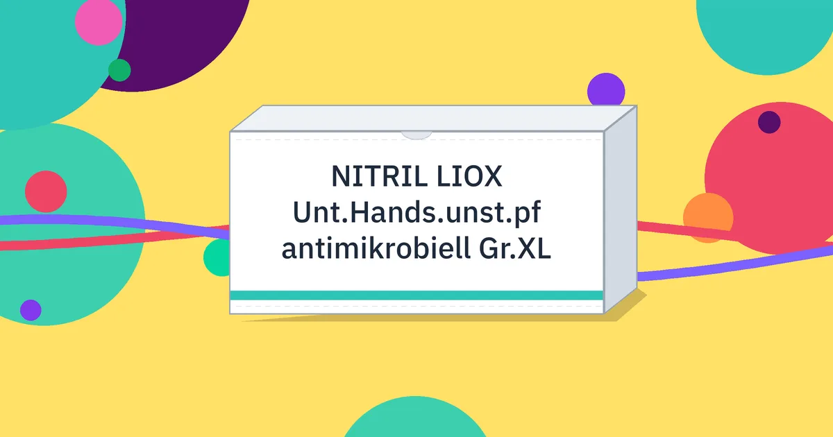 Symbolbild: Packung mit der Aufschrift NITRIL LIOX Unt.Hands.unst.pf antimikrobiell Gr.XL (PZN 15377816) – Verfügbarkeit und Bezug in Apotheken in Frankfurt am Main