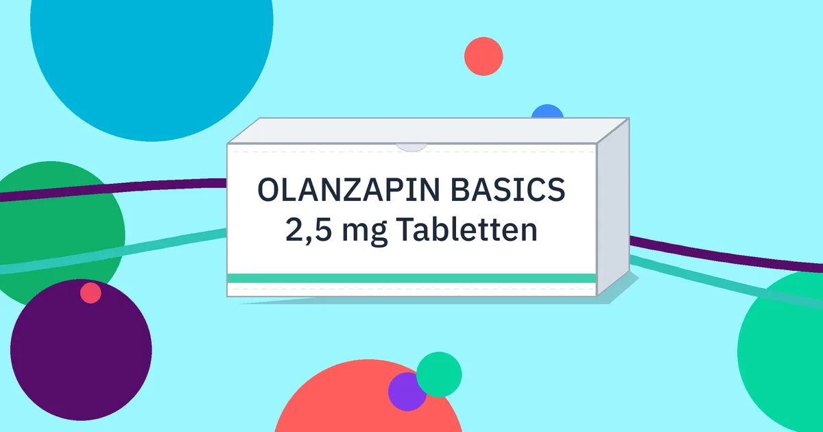 Symbolbild: Packung mit der Aufschrift OLANZAPIN BASICS 2,5 mg Tabletten (PZN 08837565) – Verfügbarkeit und Bezug in Apotheken in Frankfurt am Main