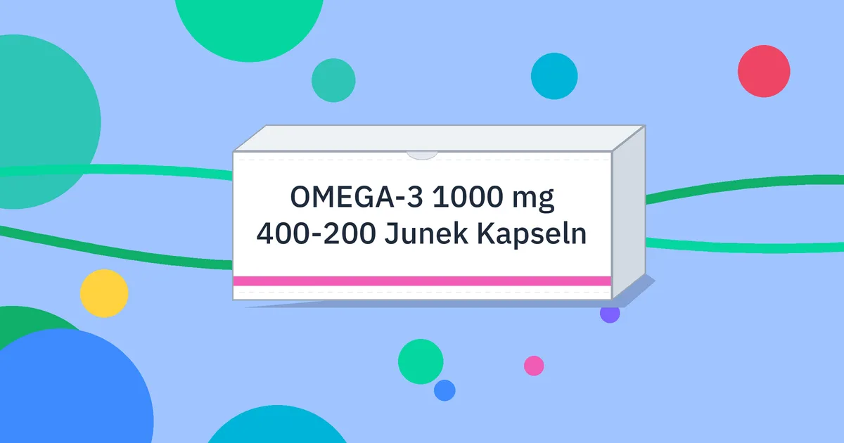 Symbolbild: Packung mit der Aufschrift OMEGA-3 1000 mg 400-200 Junek Kapseln (PZN 11189644) – Verfügbarkeit und Bezug in Apotheken in Frankfurt am Main
