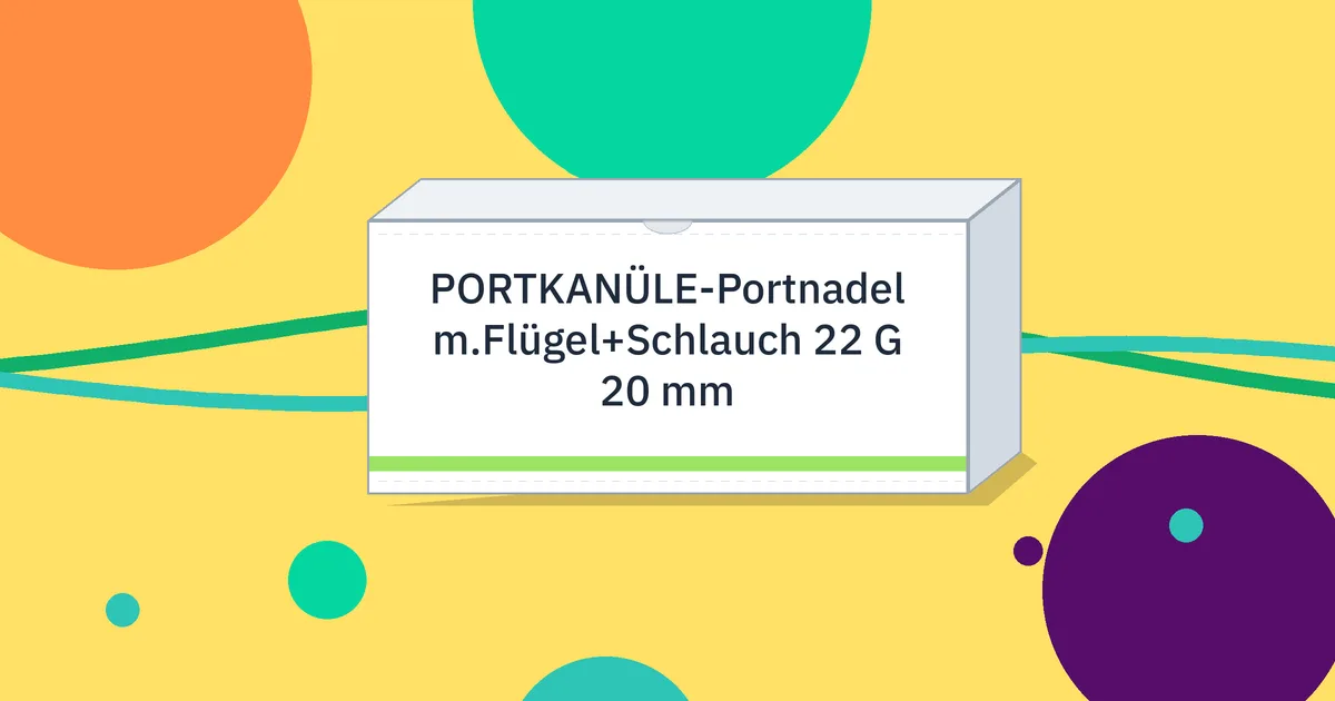 Symbolbild: Packung mit der Aufschrift PORTKANÜLE-Portnadel m.Flügel+Schlauch 22 G 20 mm (PZN 10010784) – Verfügbarkeit und Bezug in Apotheken in Frankfurt am Main