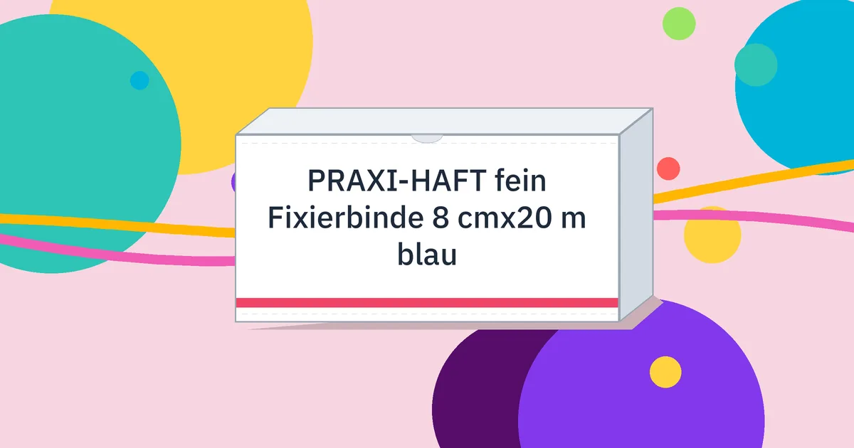 Symbolbild: Packung mit der Aufschrift PRAXI-HAFT fein Fixierbinde 8 cmx20 m blau (PZN 12826047) – Verfügbarkeit und Bezug in Apotheken in Frankfurt am Main