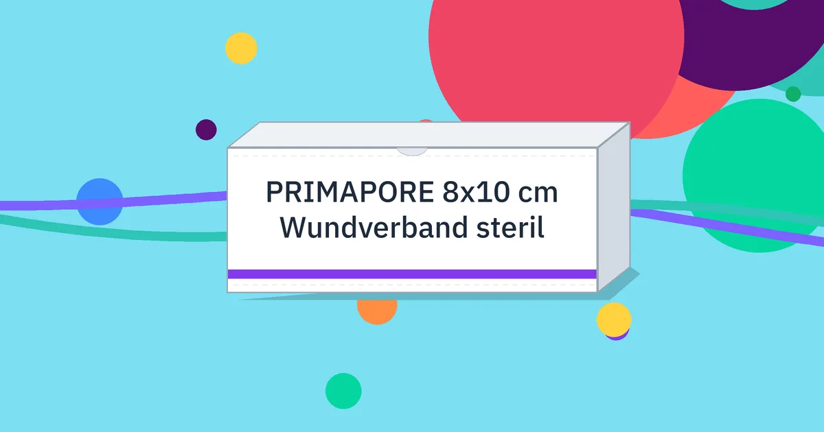 Symbolbild: Packung mit der Aufschrift PRIMAPORE 8x10 cm Wundverband steril (PZN 18672071) – Verfügbarkeit und Bezug in Apotheken in Frankfurt am Main