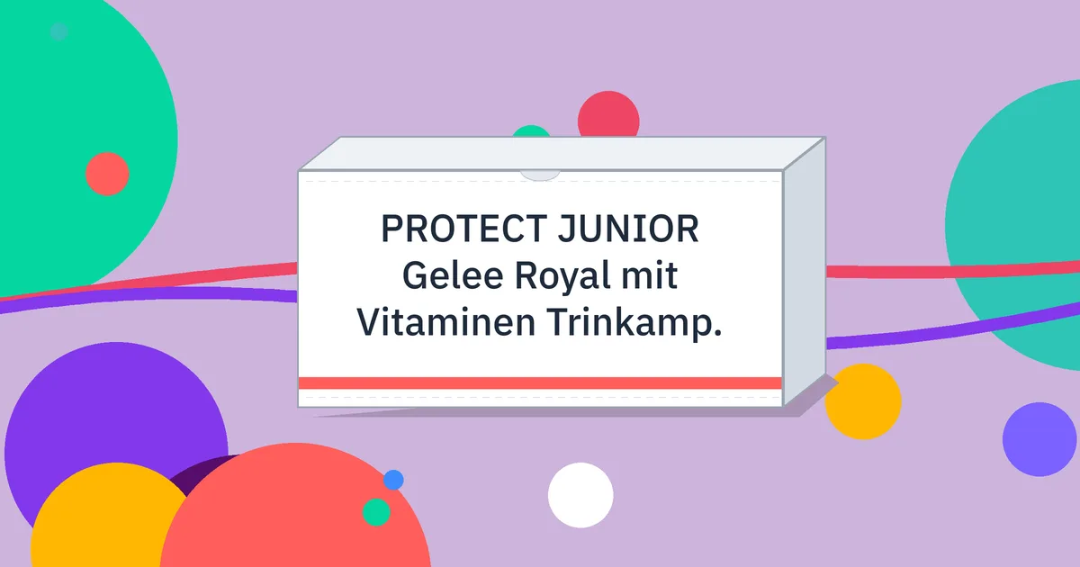Symbolbild: Packung mit der Aufschrift PROTECT JUNIOR Gelee Royal mit Vitaminen Trinkamp. (PZN 15206055) – Verfügbarkeit und Bezug in Apotheken in Frankfurt am Main