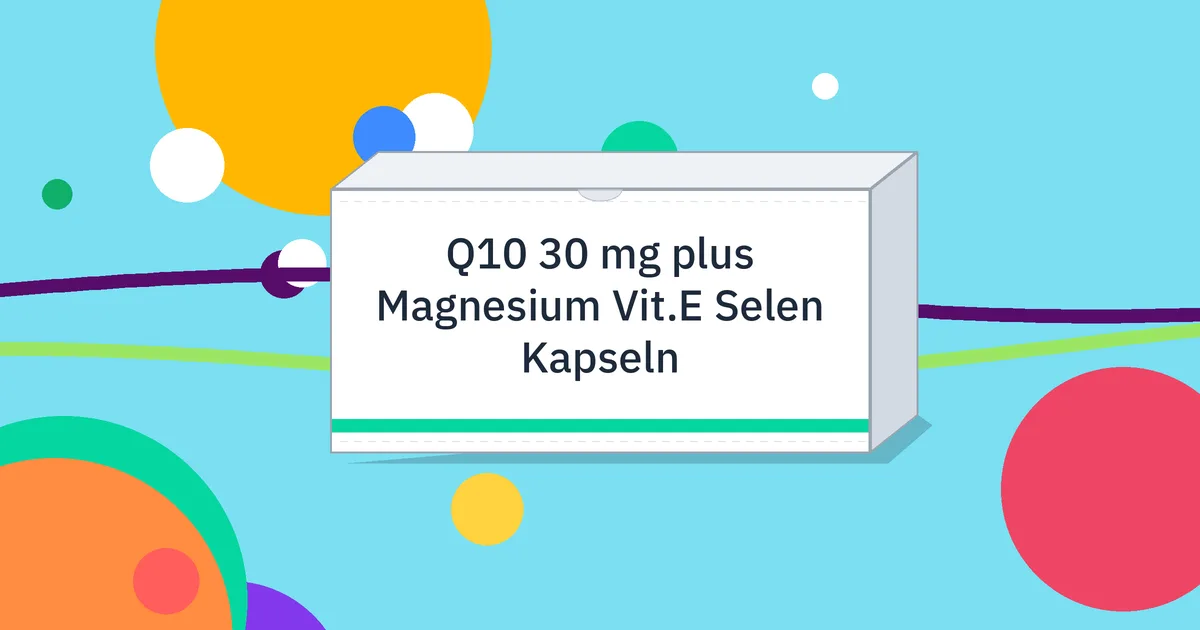 Symbolbild: Packung mit der Aufschrift Q10 30 mg plus Magnesium Vit.E Selen Kapseln (PZN 04831577) – Verfügbarkeit und Bezug in Apotheken in Frankfurt am Main