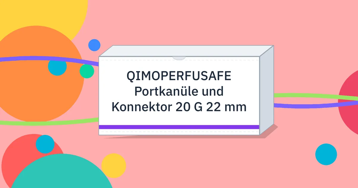 Symbolbild: Packung mit der Aufschrift QIMOPERFUSAFE Portkanüle und Konnektor 20 G 22 mm (PZN 14288387) – Verfügbarkeit und Bezug in Apotheken in Frankfurt am Main