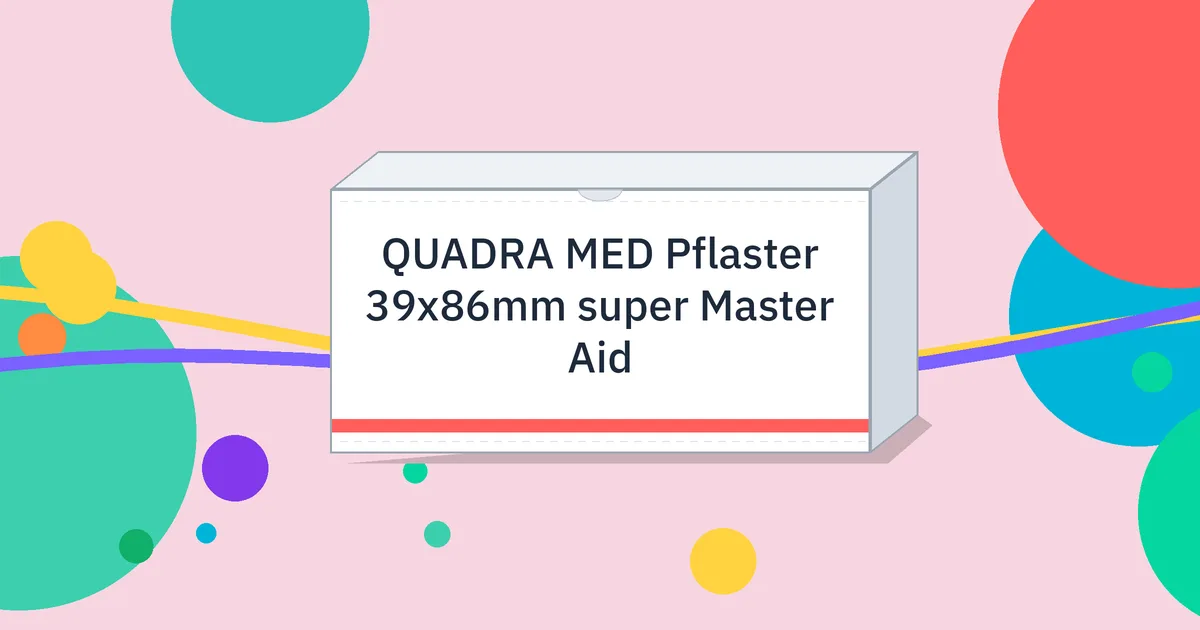Symbolbild: Packung mit der Aufschrift QUADRA MED Pflaster 39x86mm super Master Aid (PZN 20047587) – Verfügbarkeit und Bezug in Apotheken in Frankfurt am Main