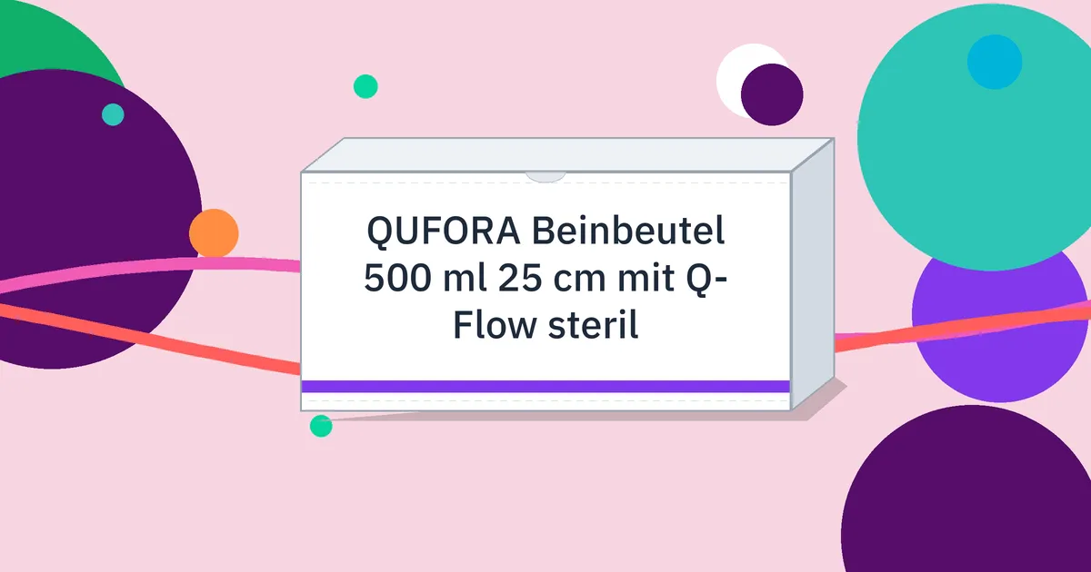 Symbolbild: Packung mit der Aufschrift QUFORA Beinbeutel 500 ml 25 cm mit Q-Flow steril (PZN 09543535) – Verfügbarkeit und Bezug in Apotheken in Frankfurt am Main