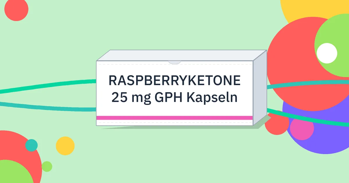 Symbolbild: Packung mit der Aufschrift RASPBERRYKETONE 25 mg GPH Kapseln (PZN 10977598) – Verfügbarkeit und Bezug in Apotheken in Frankfurt am Main