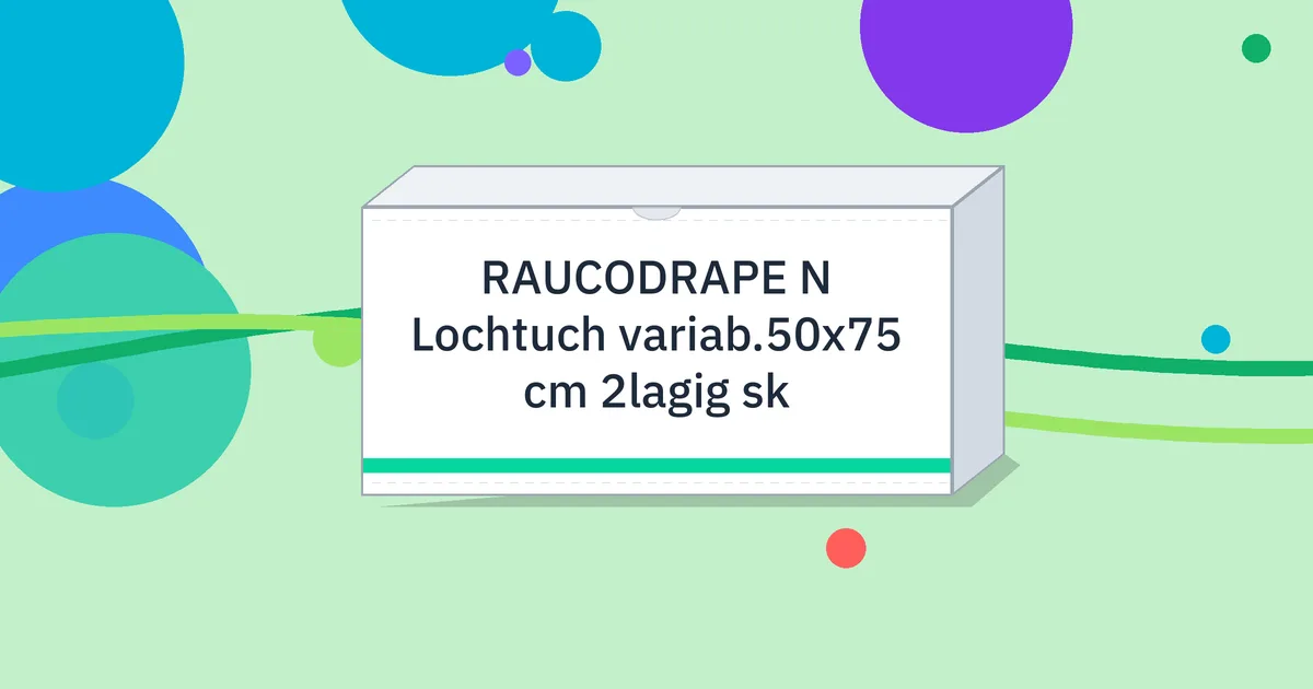 Symbolbild: Packung mit der Aufschrift RAUCODRAPE N Lochtuch variab.50x75 cm 2lagig sk (PZN 06162353) – Verfügbarkeit und Bezug in Apotheken in Frankfurt am Main