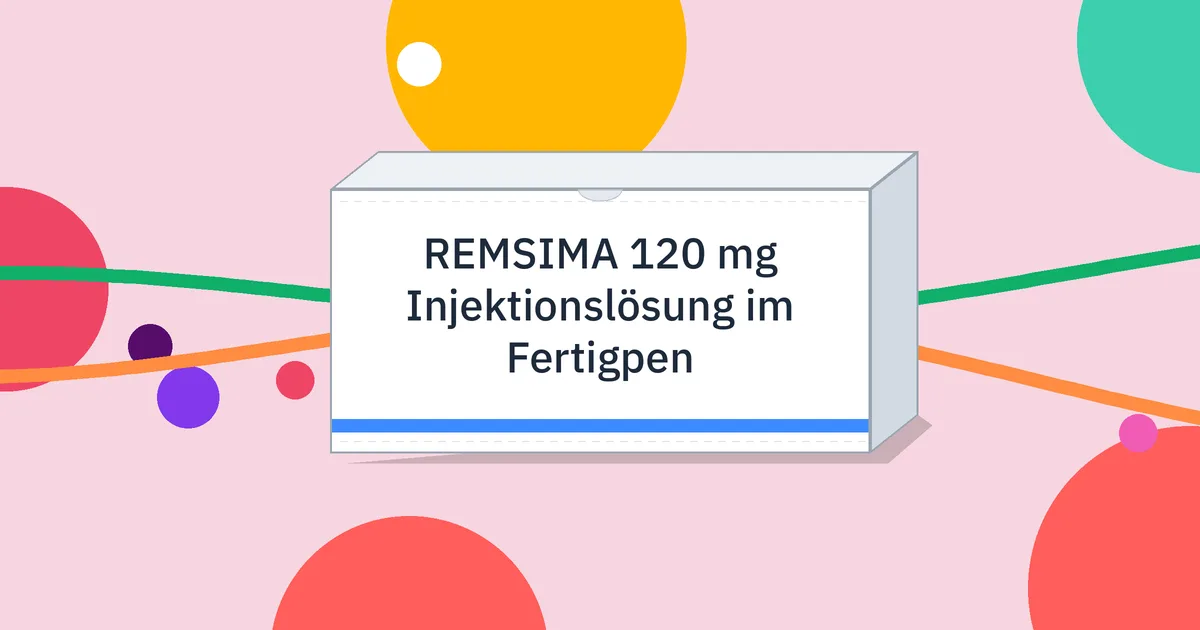 Symbolbild: Packung mit der Aufschrift REMSIMA 120 mg Injektionslösung im Fertigpen (PZN 18312786) – Verfügbarkeit und Bezug in Apotheken in Frankfurt am Main