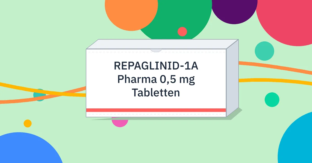 Symbolbild: Packung mit der Aufschrift REPAGLINID-1A Pharma 0,5 mg Tabletten (PZN 09121188) – Verfügbarkeit und Bezug in Apotheken in Frankfurt am Main