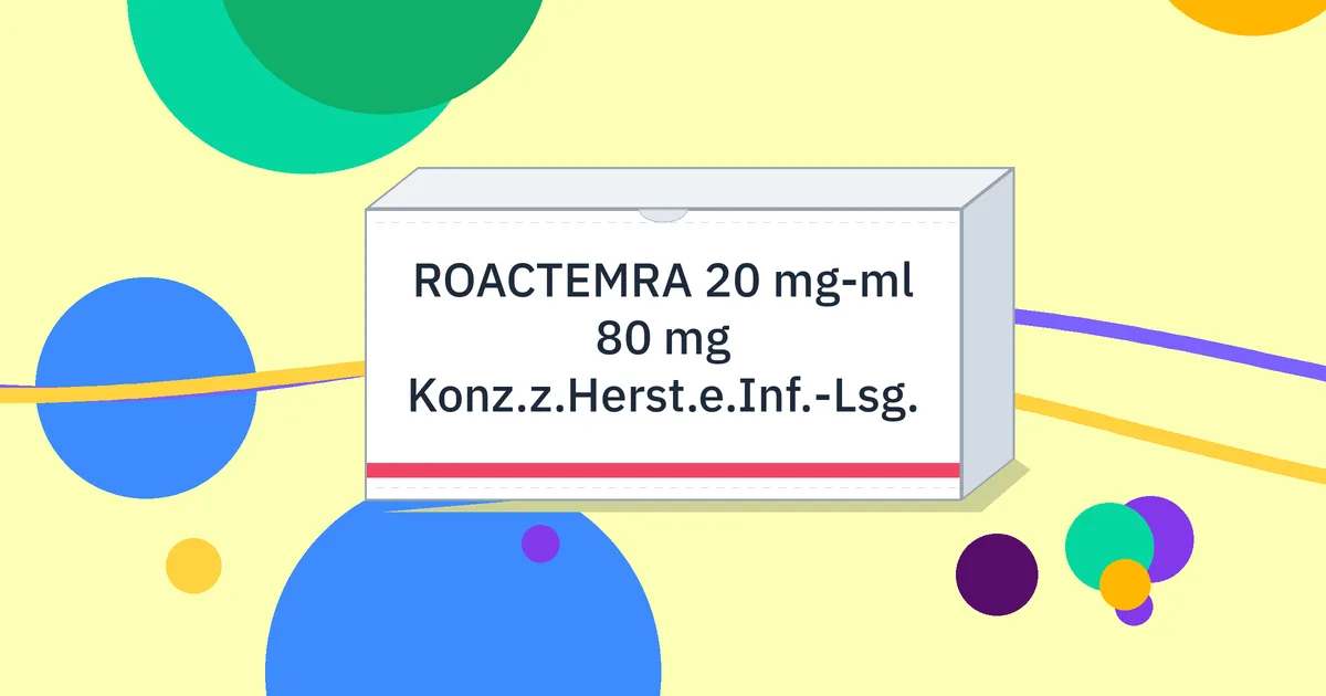 Symbolbild: Packung mit der Aufschrift ROACTEMRA 20 mg-ml 80 mg Konz.z.Herst.e.Inf.-Lsg. (PZN 15531631) – Verfügbarkeit und Bezug in Apotheken in Frankfurt am Main