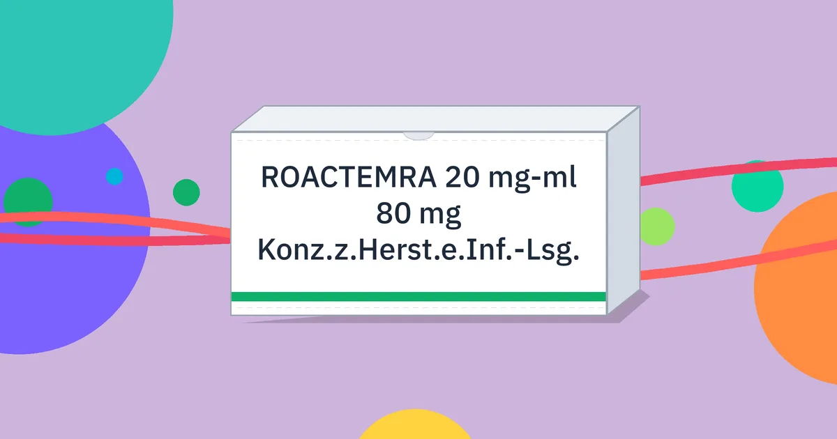 Symbolbild: Packung mit der Aufschrift ROACTEMRA 20 mg-ml 80 mg Konz.z.Herst.e.Inf.-Lsg. (PZN 20005873) – Verfügbarkeit und Bezug in Apotheken in Frankfurt am Main