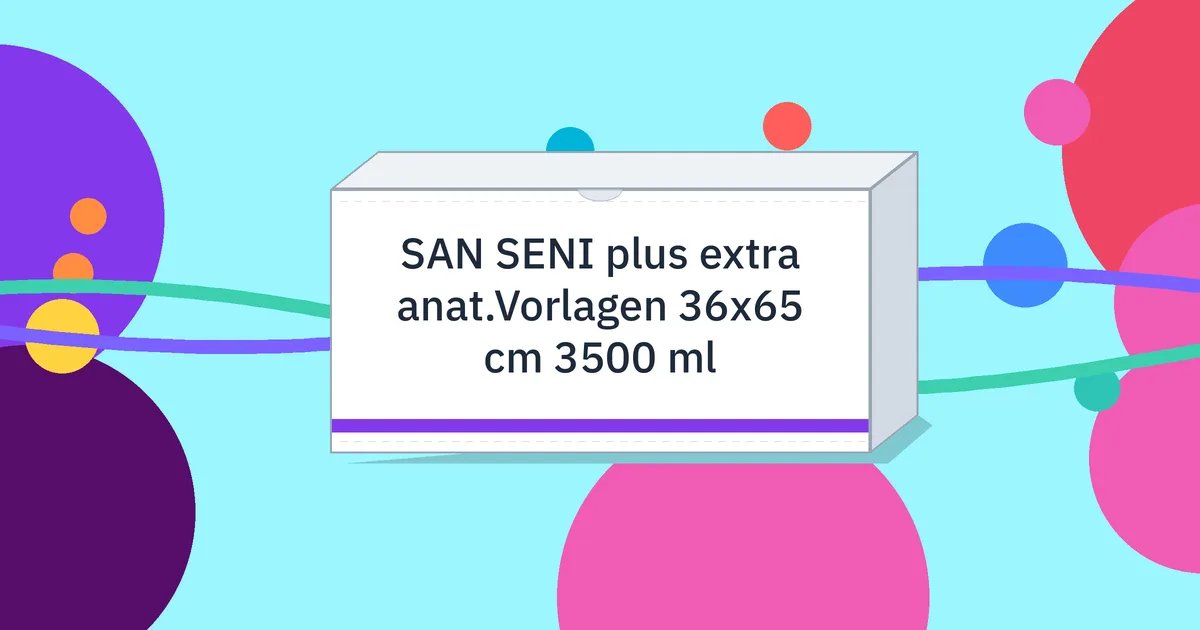 Symbolbild: Packung mit der Aufschrift SAN SENI plus extra anat.Vorlagen 36x65 cm 3500 ml (PZN 12393387) – Verfügbarkeit und Bezug in Apotheken in Frankfurt am Main