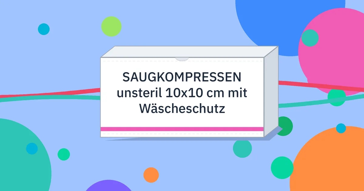 Symbolbild: Packung mit der Aufschrift SAUGKOMPRESSEN unsteril 10x10 cm mit Wäscheschutz (PZN 15866521) – Verfügbarkeit und Bezug in Apotheken in Frankfurt am Main