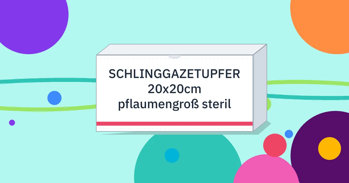 Symbolbild: Packung mit der Aufschrift SCHLINGGAZETUPFER 20x20cm pflaumengroß steril (PZN 09946144) – Verfügbarkeit und Bezug in Apotheken in Frankfurt am Main