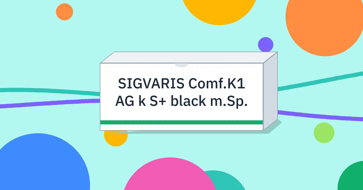 Symbolbild: Packung mit der Aufschrift SIGVARIS Comf.K1 AG k S+ black m.Sp. (PZN 17043344) – Verfügbarkeit und Bezug in Apotheken in Frankfurt am Main