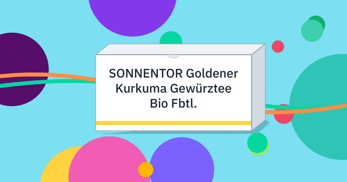 Symbolbild: Packung mit der Aufschrift SONNENTOR Goldener Kurkuma Gewürztee Bio Fbtl. (PZN 18902312) – Verfügbarkeit und Bezug in Apotheken in Frankfurt am Main