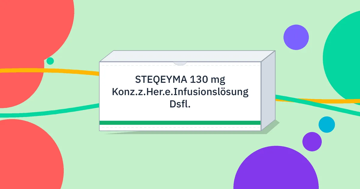 Symbolbild: Packung mit der Aufschrift STEQEYMA 130 mg Konz.z.Her.e.Infusionslösung Dsfl. (PZN 19851019) – Verfügbarkeit und Bezug in Apotheken in Frankfurt am Main
