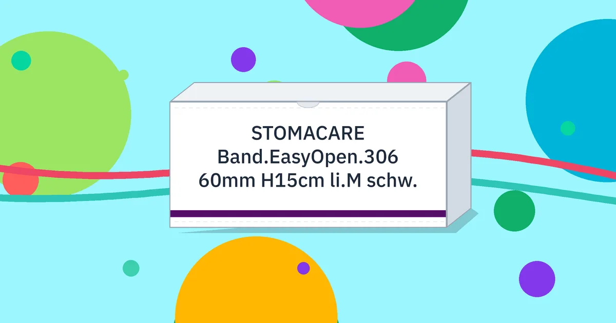 Symbolbild: Packung mit der Aufschrift STOMACARE Band.EasyOpen.306 60mm H15cm li.M schw. (PZN 09437388) – Verfügbarkeit und Bezug in Apotheken in Frankfurt am Main