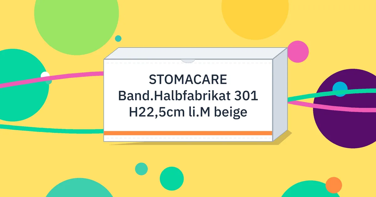 Symbolbild: Packung mit der Aufschrift STOMACARE Band.Halbfabrikat 301 H22,5cm li.M beige (PZN 07664298) – Verfügbarkeit und Bezug in Apotheken in Frankfurt am Main