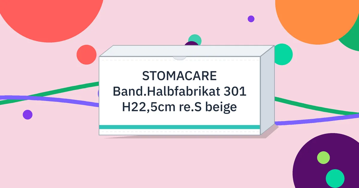 Symbolbild: Packung mit der Aufschrift STOMACARE Band.Halbfabrikat 301 H22,5cm re.S beige (PZN 09109193) – Verfügbarkeit und Bezug in Apotheken in Frankfurt am Main