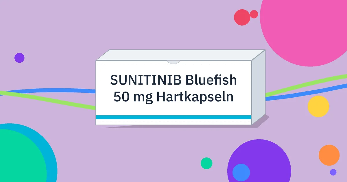 Symbolbild: Packung mit der Aufschrift SUNITINIB Bluefish 50 mg Hartkapseln (PZN 19213402) – Verfügbarkeit und Bezug in Apotheken in Frankfurt am Main